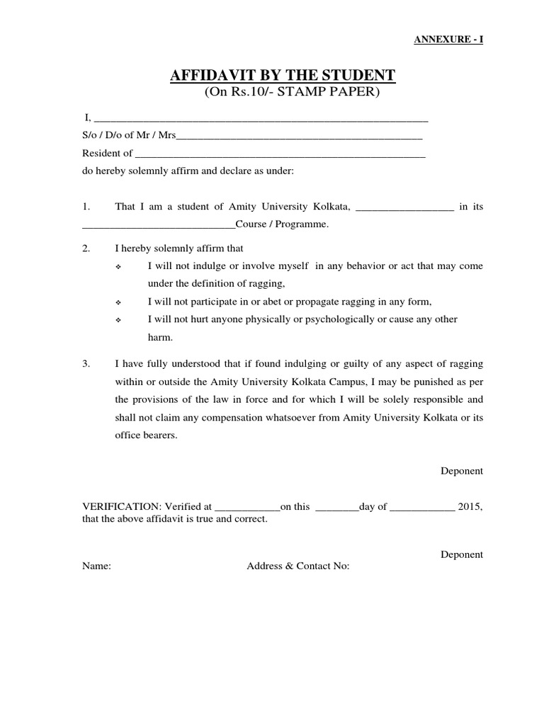 Affidavit by The Student: (On Rs.10/-STAMP PAPER) | PDF | Affidavit ...