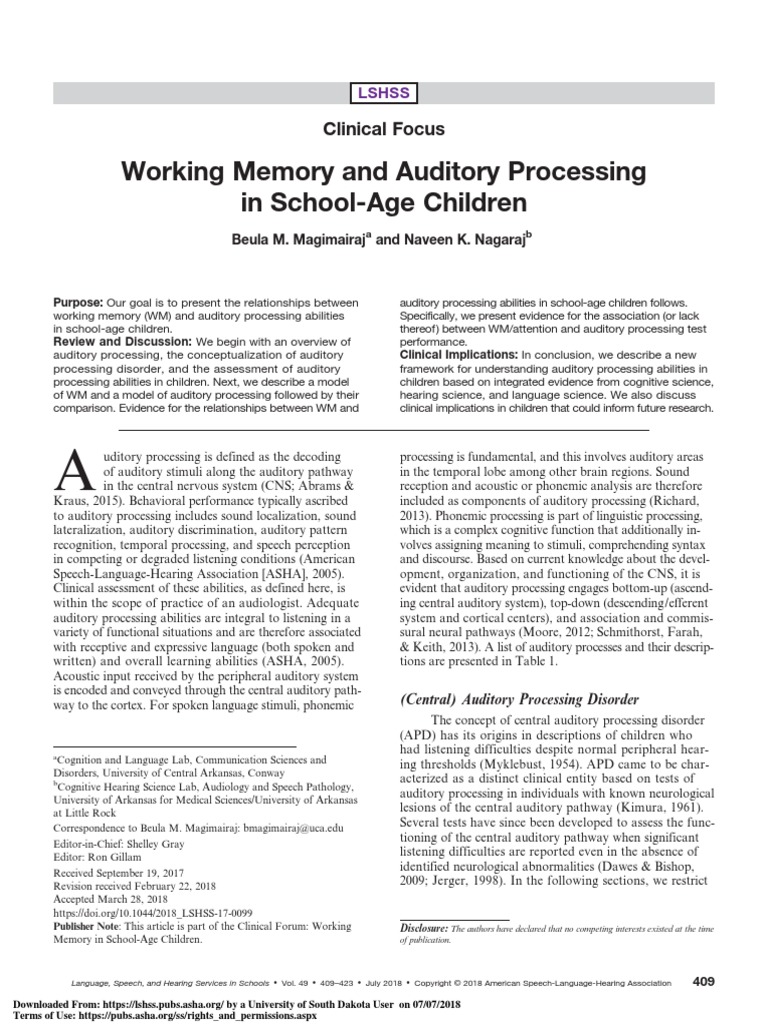 Working Memory and Auditory Processing in School-Age Children | PDF ...