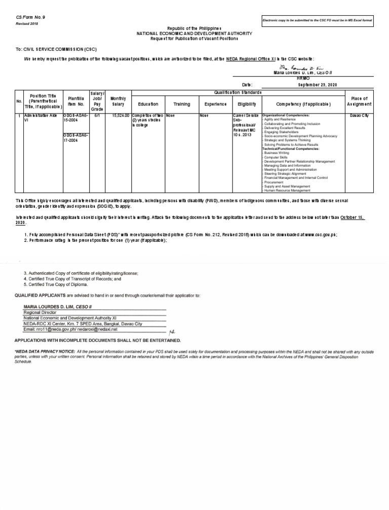 CS Form 9 Revised 2018 Publication of Vacant Positions For NEDA XI ...