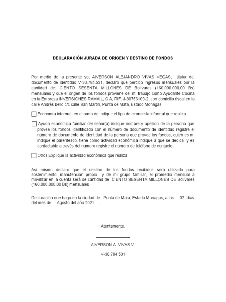 Declaración Jurada de Origen y Destino de Fondos BDV | PDF Declaración Jurada de Origen y Destino de Fondos BDV | PDF