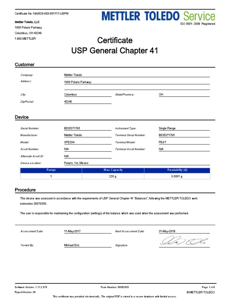 Certificate USP General Chapter 41: Customer | PDF | Accuracy And ...