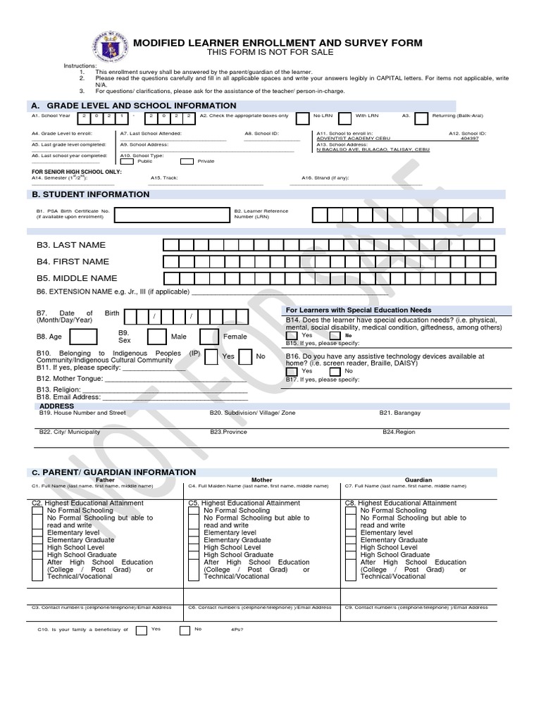 Modified Learner Enrollment and Survey Form: A. Grade Level and School ...