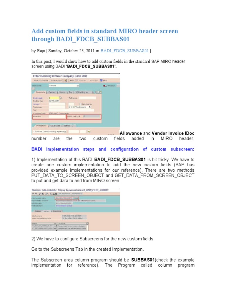 Add Custom Fields in Standard MIRO Header Screen Through BADI | PDF