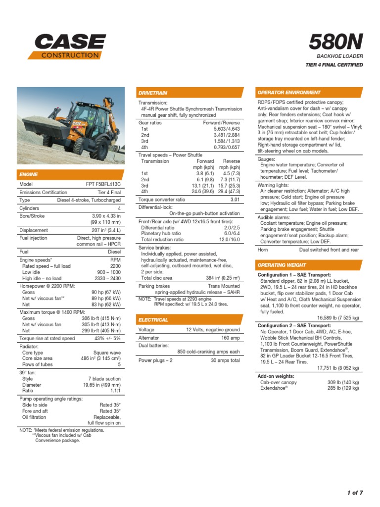 Especificaciones Casé 580N | PDF | Horsepower | Four Wheel Drive