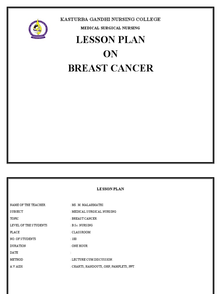 Lesson Plan ON Breast Cancer: Kasturba Gandhi Nursing College | PDF ...