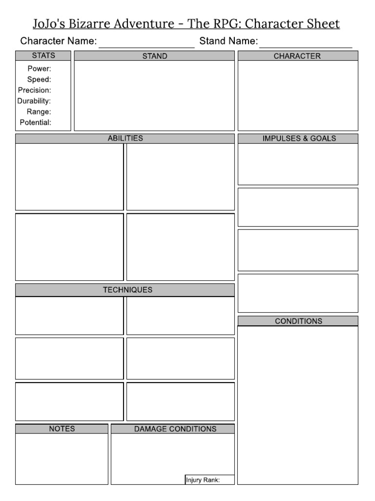 Jojo's Bizarre Adventure - The RPG - Printable Character Sheet | PDF
