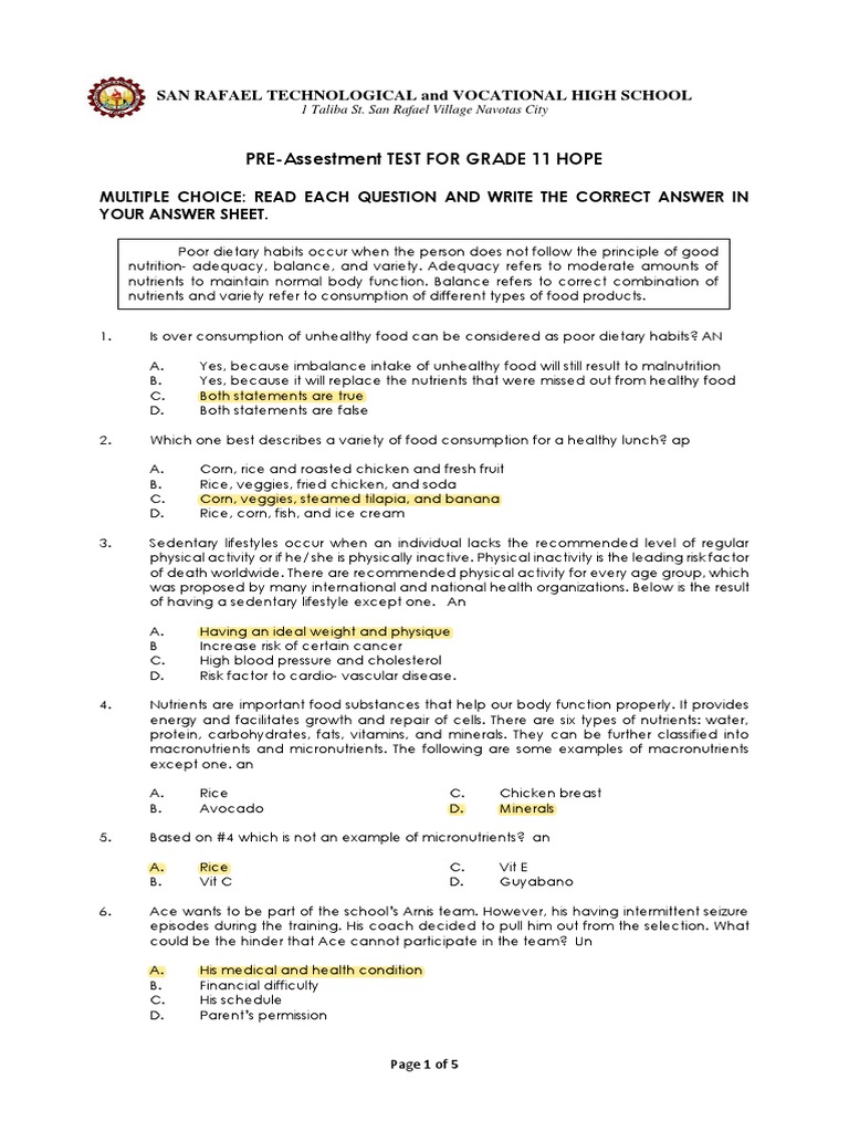 Pre-Assestment Test For Grade 11 Hope: San Rafael Technological and ...