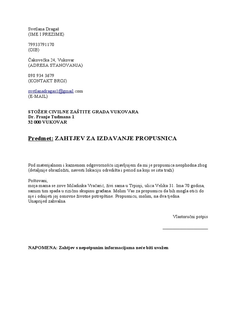 Zahtjev Za Izdavanje Propusnice | PDF