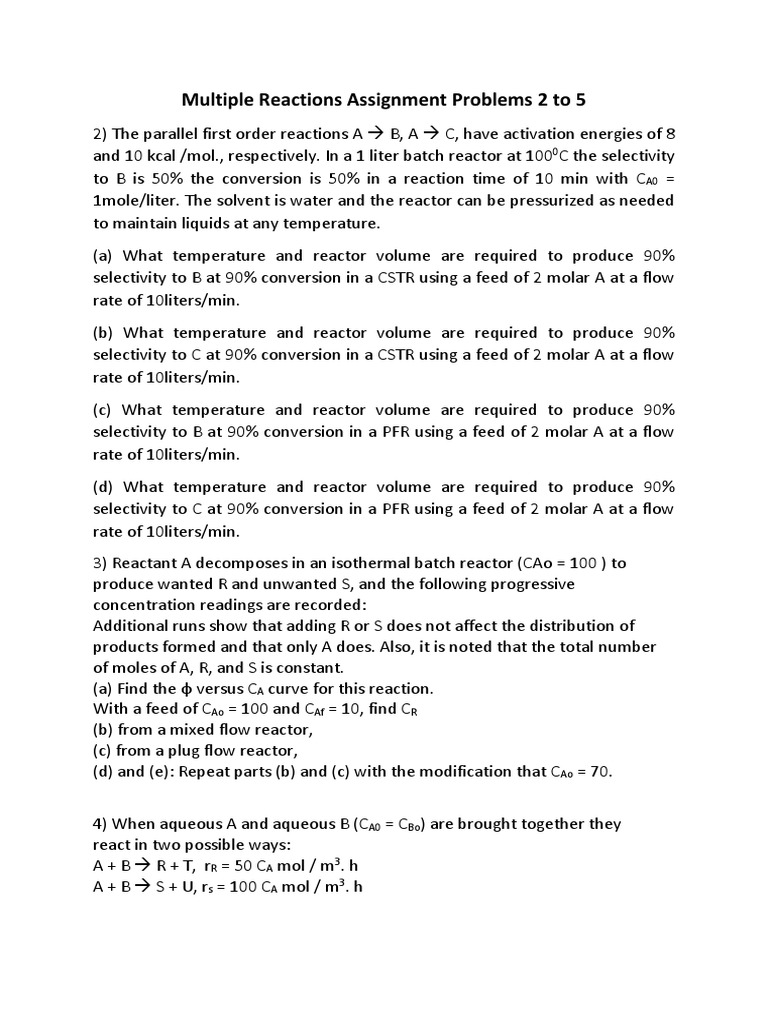 Multiple Reactions Assignment Problems 2 To 5 | PDF | Chemical Reactor | Concentration