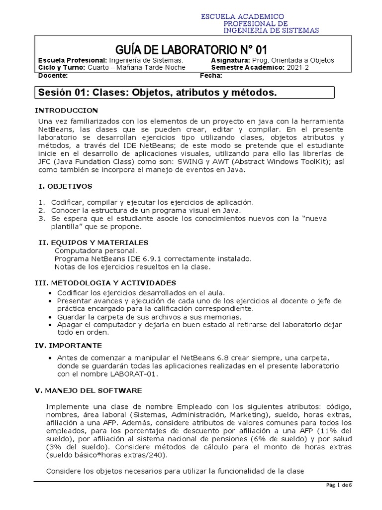Guia de Lab 01 | Descargar gratis PDF | Java (lenguaje de programación) | Objeto (informática)