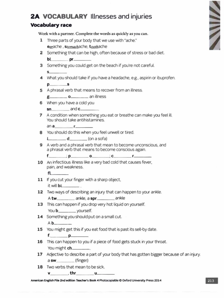 Vocabulary: 2A Illnesses and Injuries | PDF