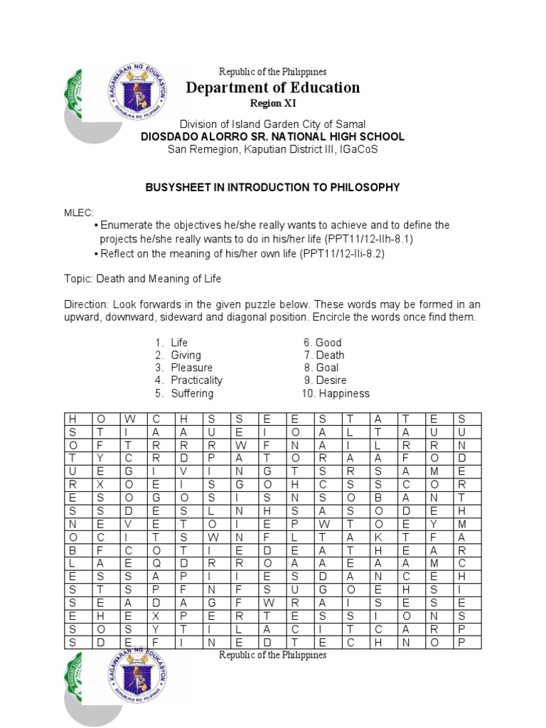 Philosophy Worksheet: Life's Meaning | PDF | Philosophical Theories ...