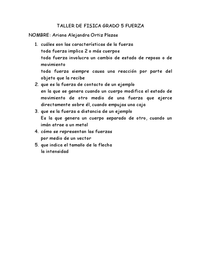 Taller de Fisica Grado 5 Fuerza | PDF | Filosofía | Ciencia y matemáticas