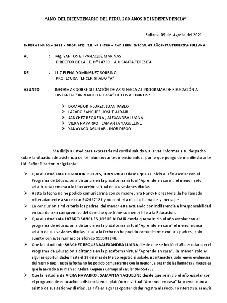 Informe de Asistencia a Clases Virtuales | PDF