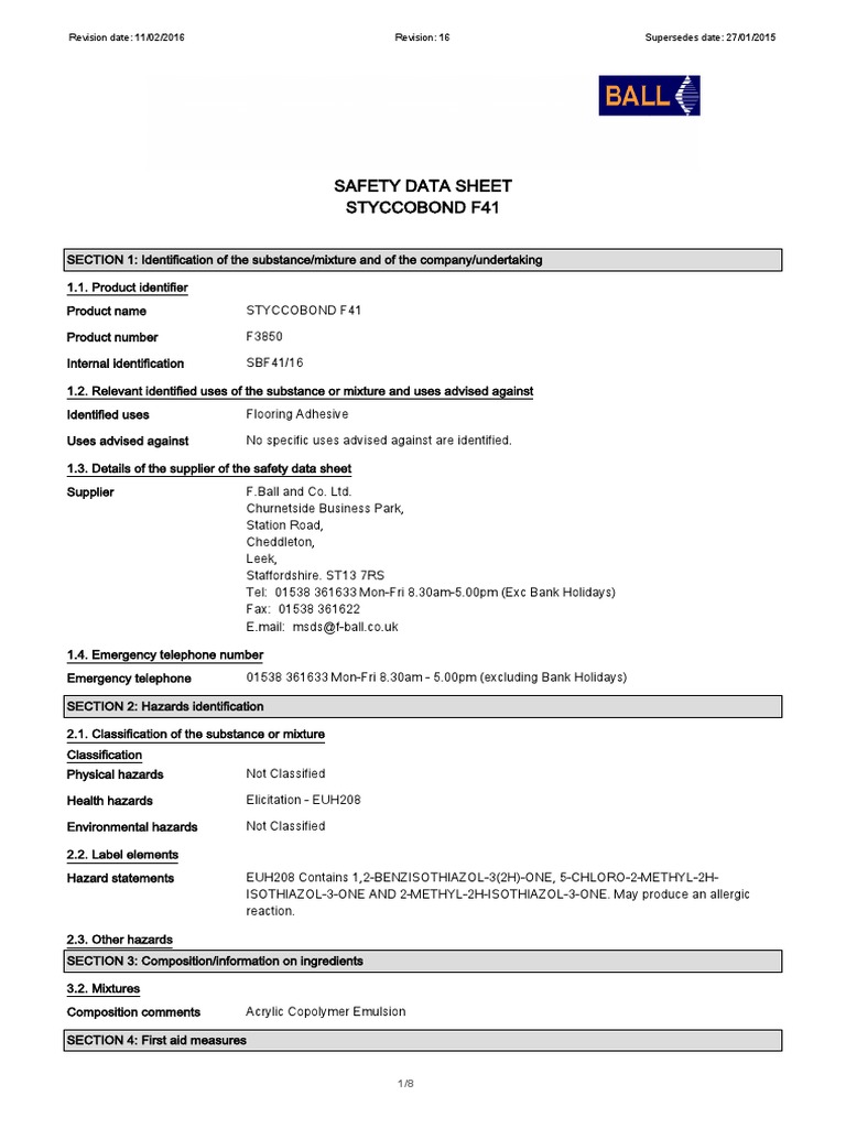 Stycobond F41 | Download Free PDF | Dangerous Goods | Toxicity