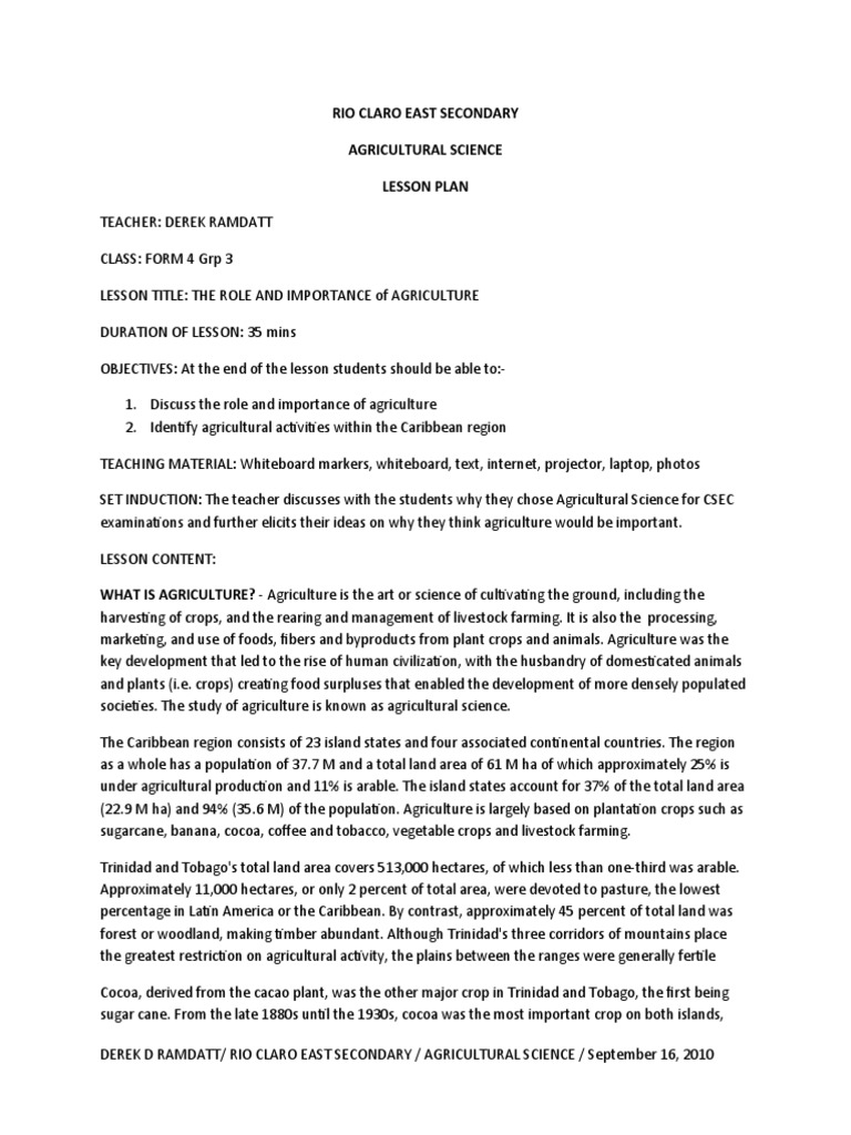 Lesson Plans - The Role and Importance of Agriculture | PDF ...