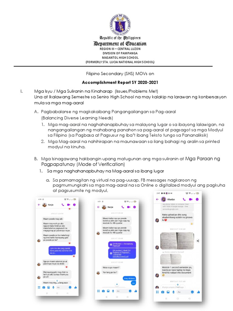 Accomplishment Report in SHS Filipino | PDF