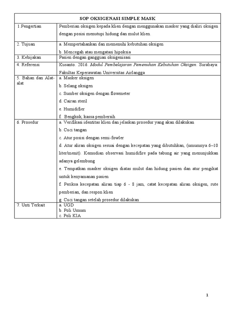 SOP Oksigenasi Masker Sederhana | PDF | Sains & Matematika | Teknologi ...