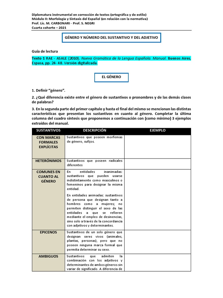 Genéro y Número de Sustantivos y Adjetivos 2021 | PDF | Género ...