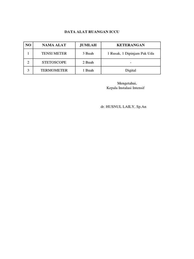 Data Alat Ruangan Iccu | PDF