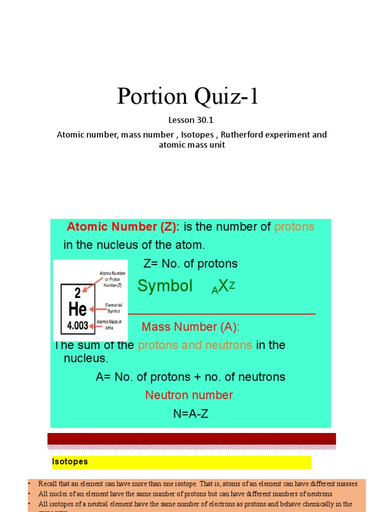 Portion Quiz-1: Lesson 30.1 Atomic Number, Mass Number, Isotopes ...