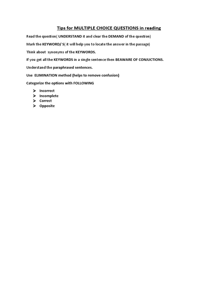 Tips For MULTIPLE CHOICE QUESTIONS In Reading PDF