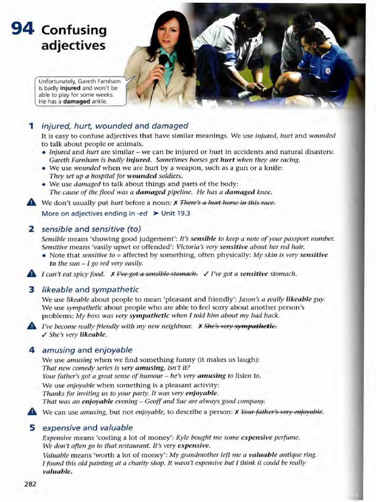 Confusing Adjectives: Injured Hurt. Wounded Damaged | PDF | Adjective | Noun