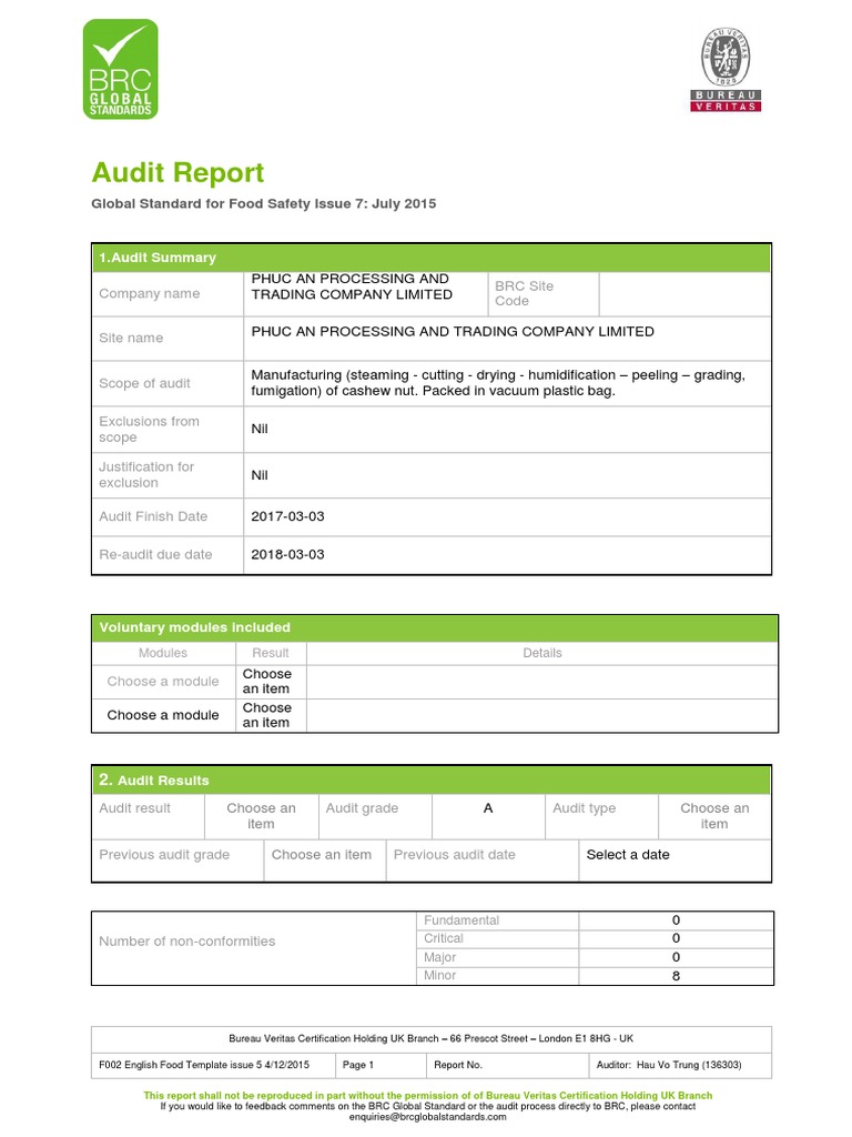 2.audit Report BRC | PDF | Hazard Analysis And Critical Control Points ...