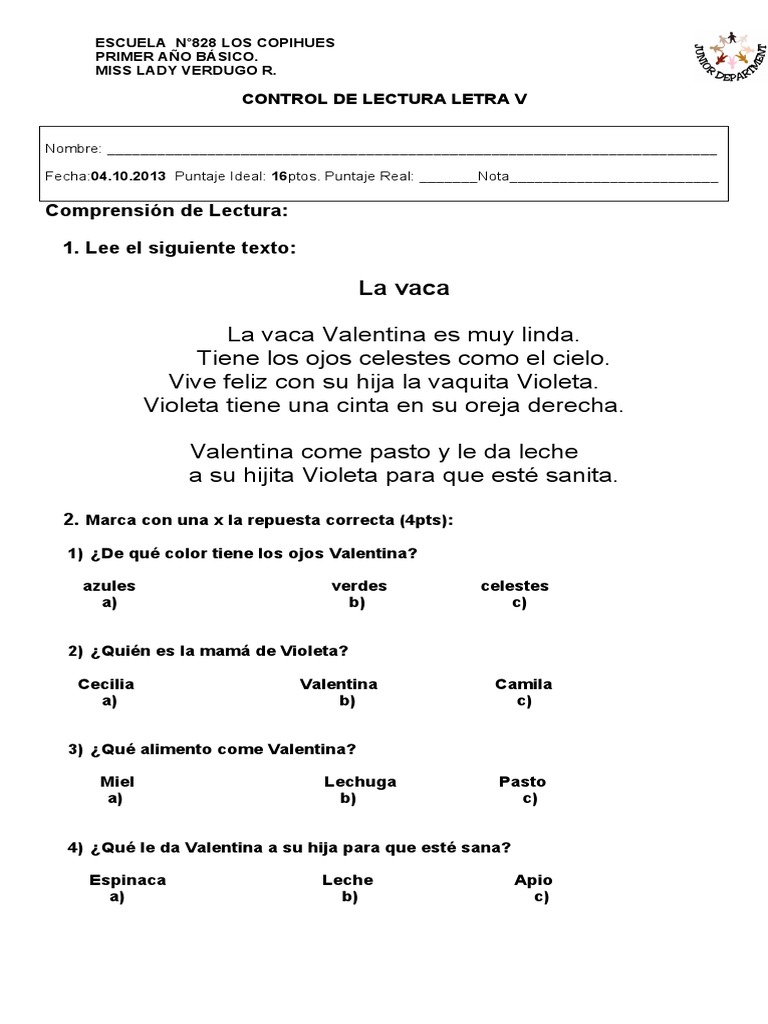 Control de lectura sobre la vaca Valentina y su hija Violeta | PDF