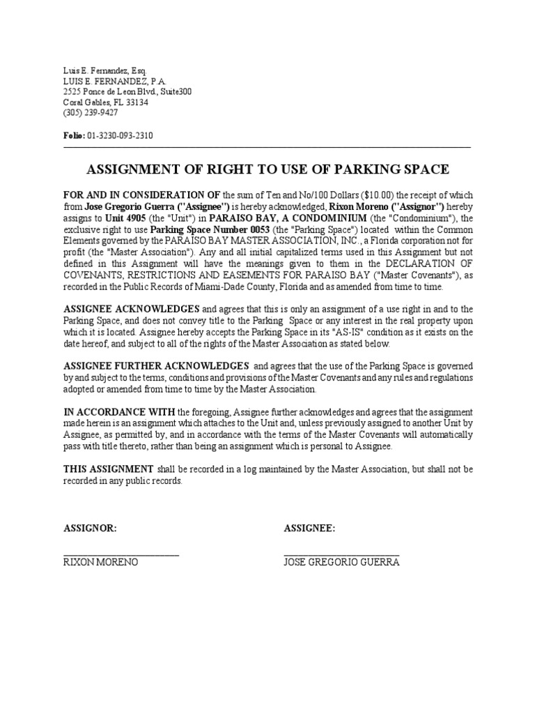 General Assignment of Use of Parking Space | PDF | Assignment (Law ...