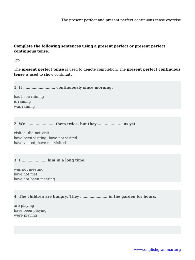 The Present Perfect and Present Perfect Continuous Tense Exercise | PDF