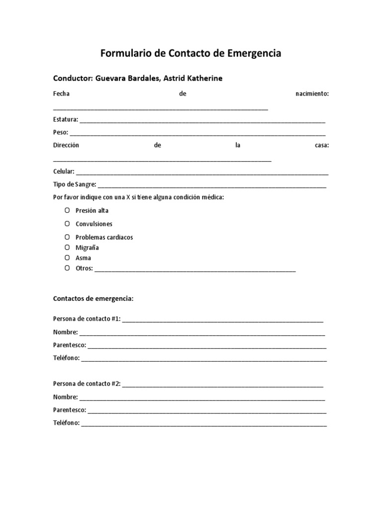 Formulario de Contacto de Emergencia | PDF