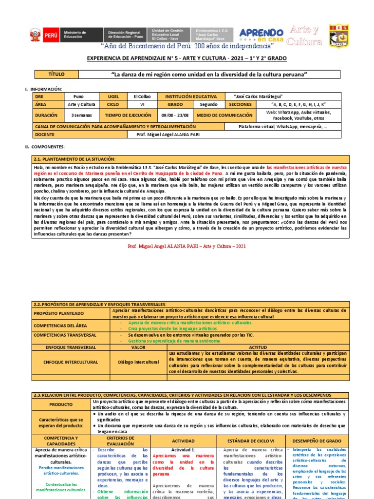 Experiencia De Aprendizaje 5 Segundo Grado Pdf Bailes Comunicación