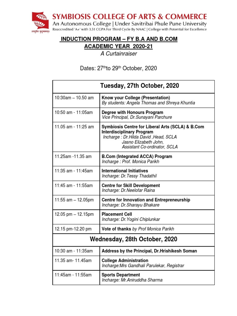 Induction Program Schedule for New BA and BCom Students at Symbiosis ...