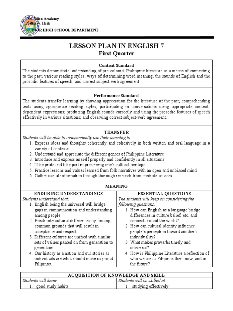 Lesson Plan in English 7 | PDF | Narrative | Folklore