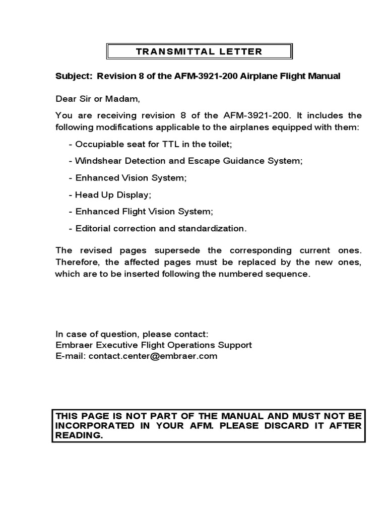 Transmittal Letter Subject: Revision 8 of The AFM-3921-200 Airplane ...
