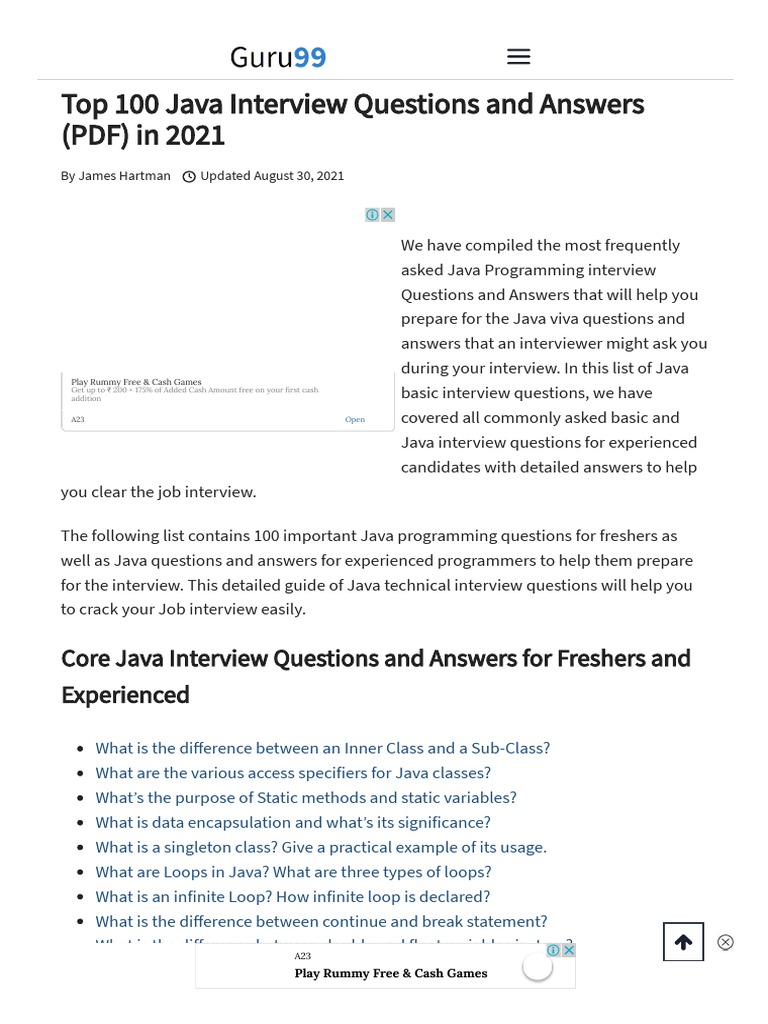 Top 100 Java Interview Questions And Answers Pdf In 2021 Pdf Method Computer Programming