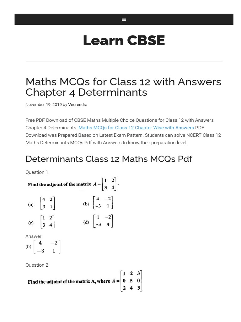Determinants | PDF | Multiple Choice | Determinant