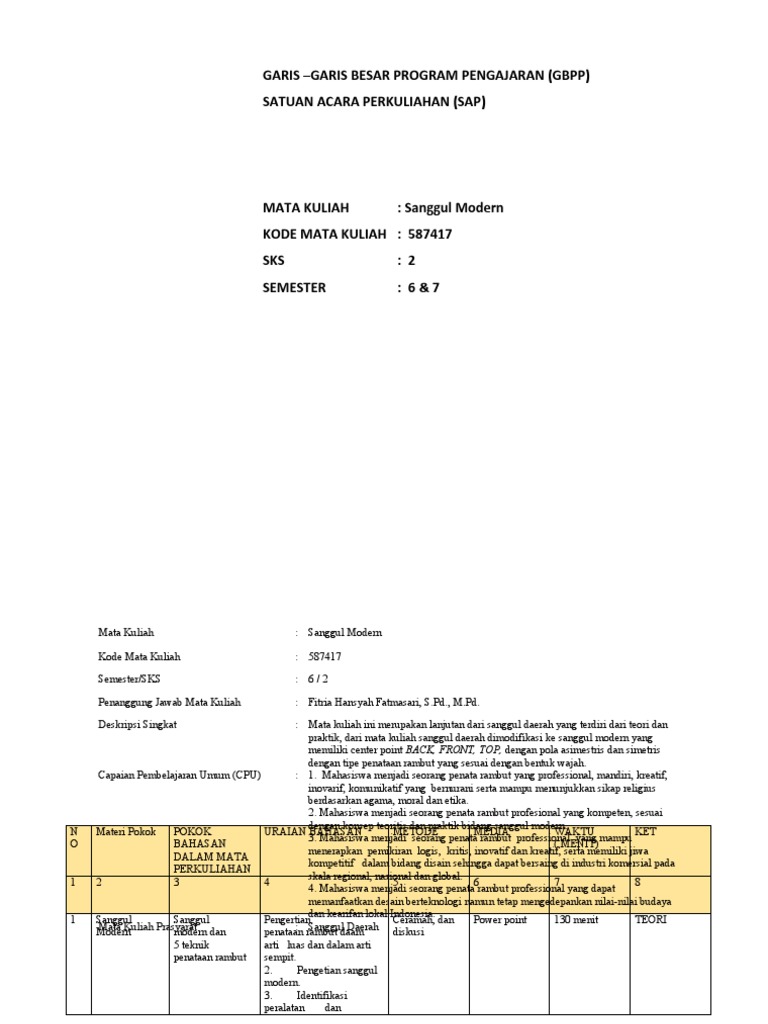 Garis - Garis Besar Program Pengajaran (GBPP) Satuan Acara Perkuliahan ...