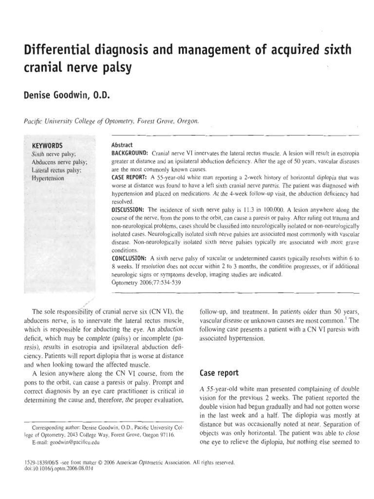 Sixth Cranial Nerve Palsy | PDF