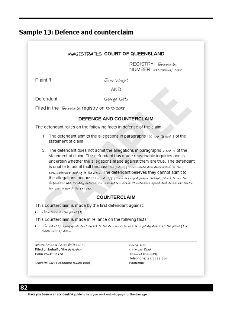 SA MPL E: Sample 13: Defence and Counterclaim | PDF | Negligence ...