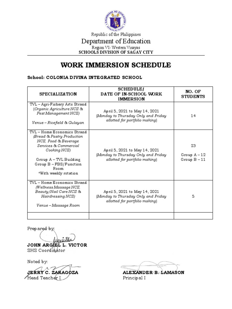 Work Immersion Schedule | PDF
