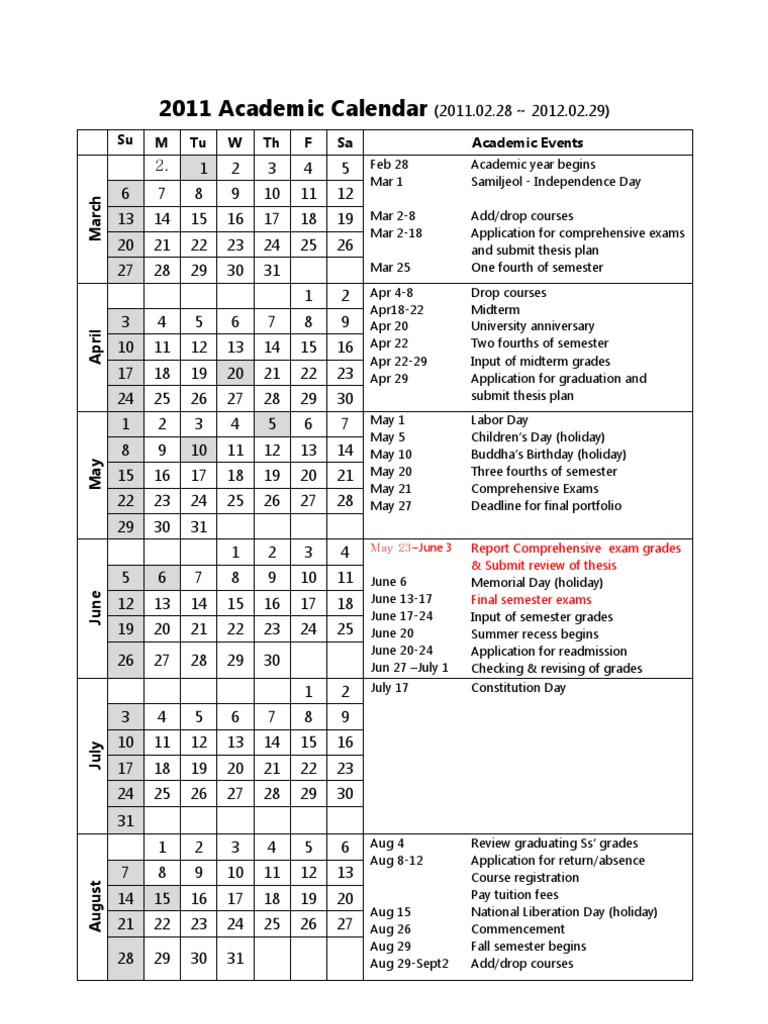 2011 Academic Calendar 최종 | PDF | Academic Term | Thesis