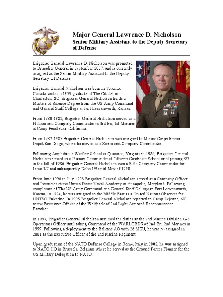 Brigadier General Lawrence D. Nicholson | PDF | Brigadier General ...