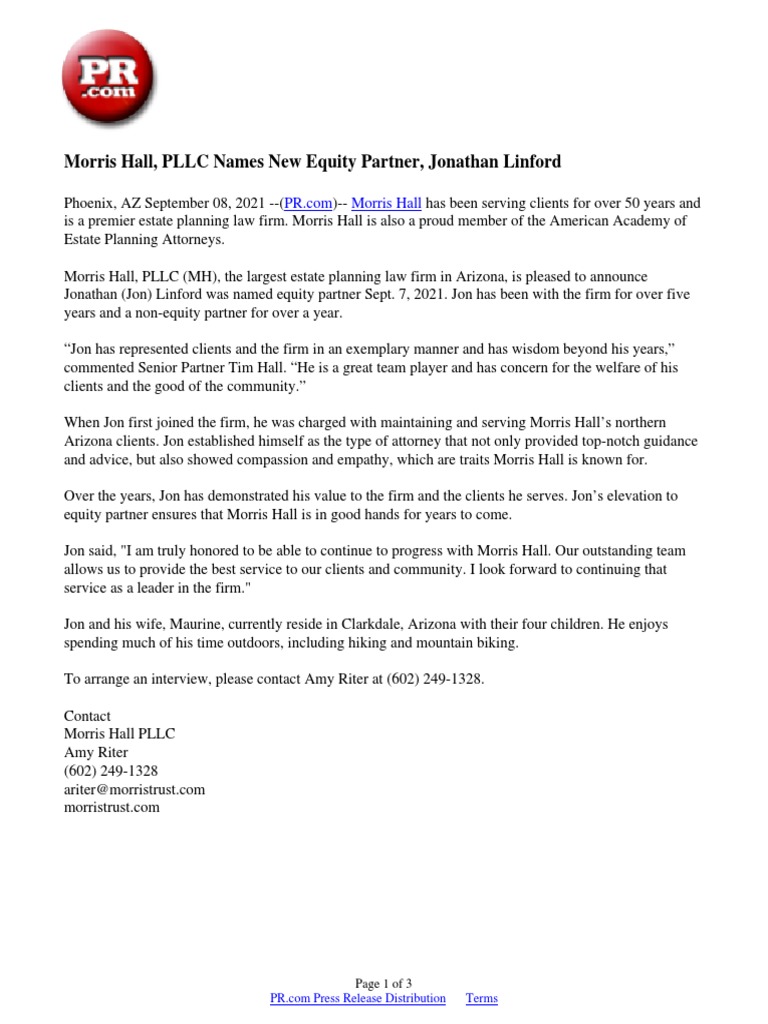 Morris Hall, PLLC Names New Equity Partner, Jonathan Linford | PDF ...