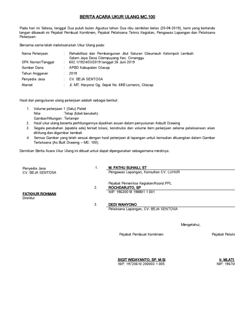 Berita Acara Ukur Ulang Mc.100 | PDF