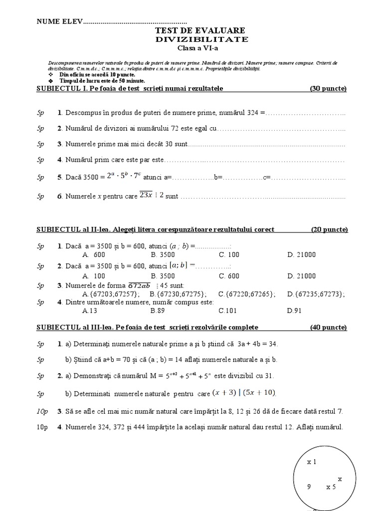Test Divizibilitate Clasa A Via Cu Barem | PDF