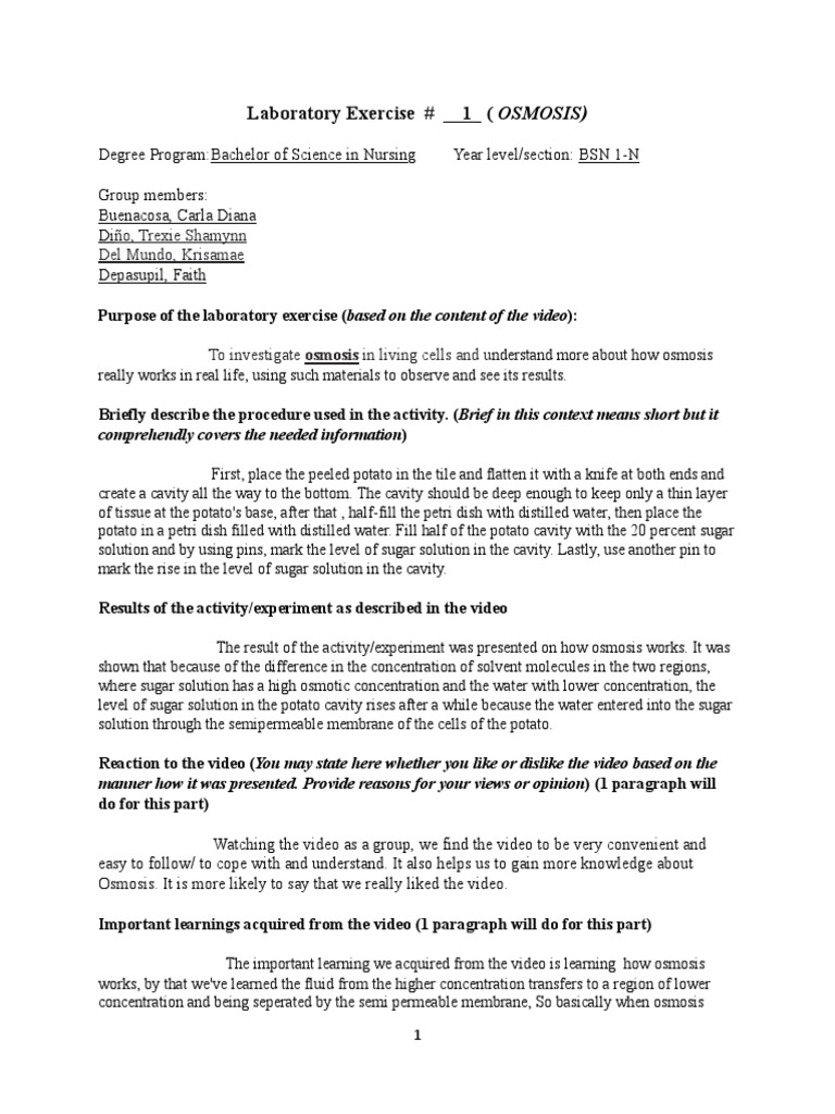 Biochemistry LaboratoRY Exercise #1 Osmosis | Download Free PDF ...