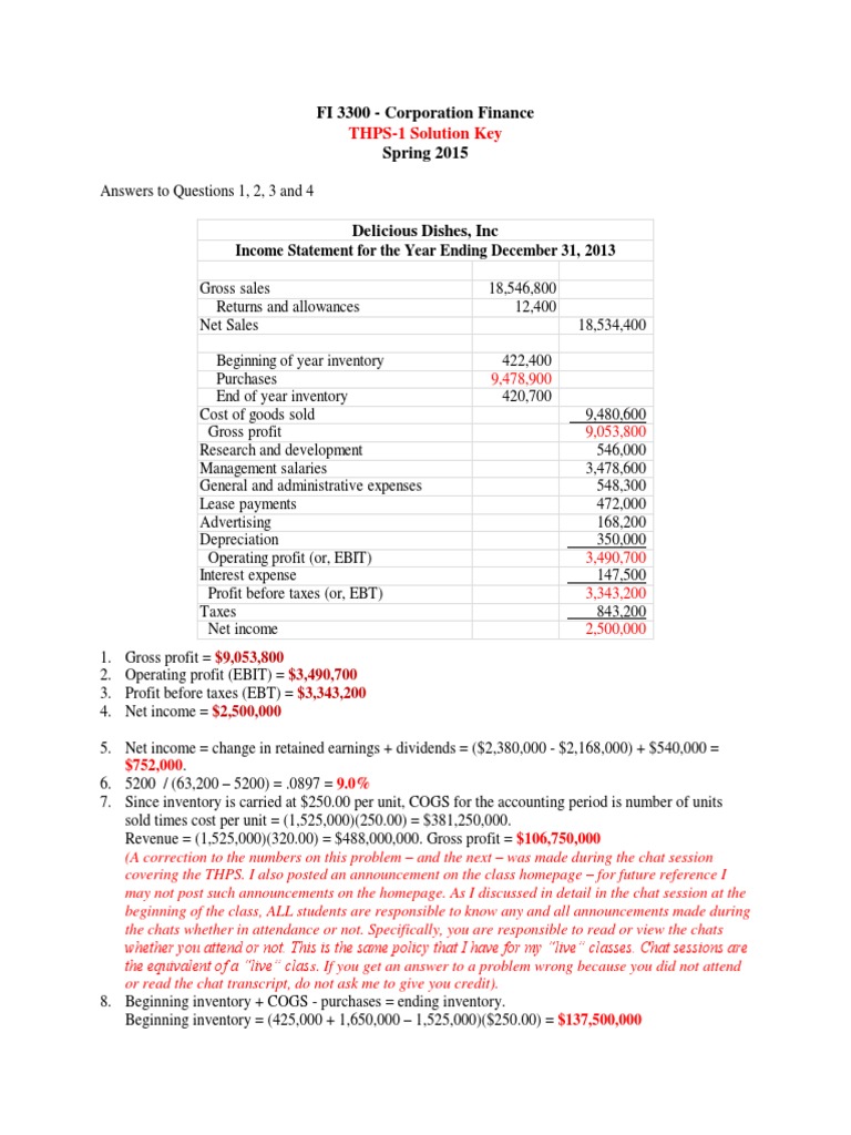FI 3300 - Corporation Finance Spring 2015: THPS-1 Solution Key ...