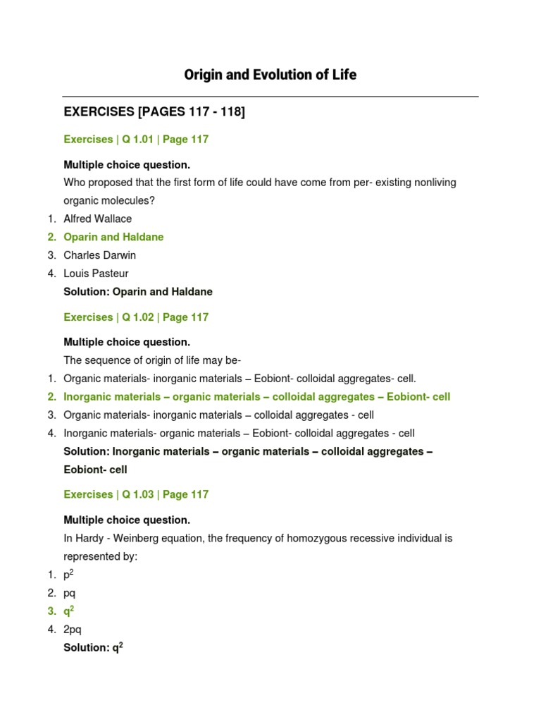 Origin and Evolution of Life: EXERCISES (PAGES 117 - 118) | PDF ...